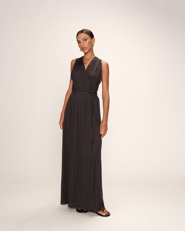Long Draped Dress with V-Neckline The lightweight 100% rayon fabric ...