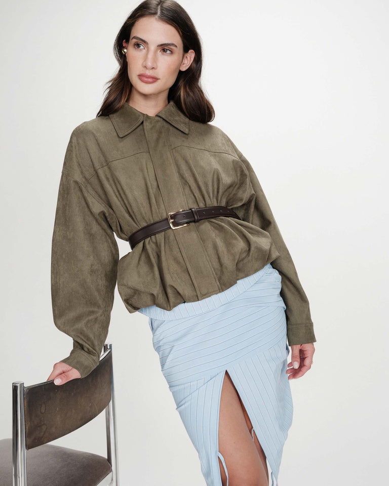 Bomber Jacket with Shirt Collar in Faux Suede – Grace & Mila